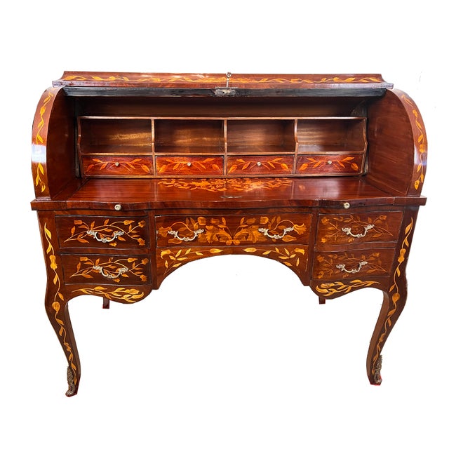 Late 19th Century Dutch Rococo Style Marquetry Cylinder Desk | Chairish