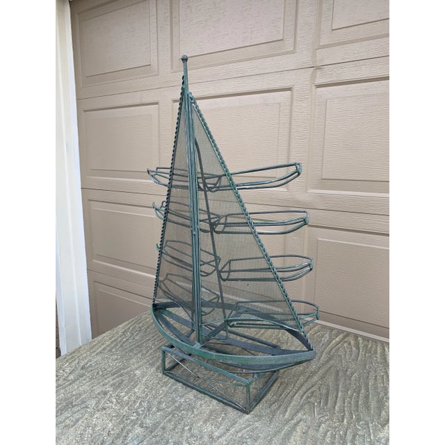 Vintage Nautical Wrought Iron Green Sail Boat Wine Rack | Chairish