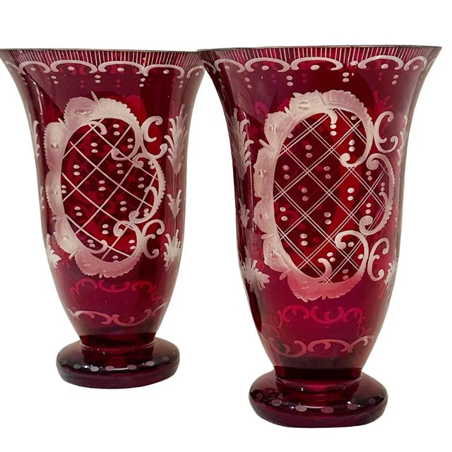 Bohemian Ruby Red Vases - a Pair | Chairish
