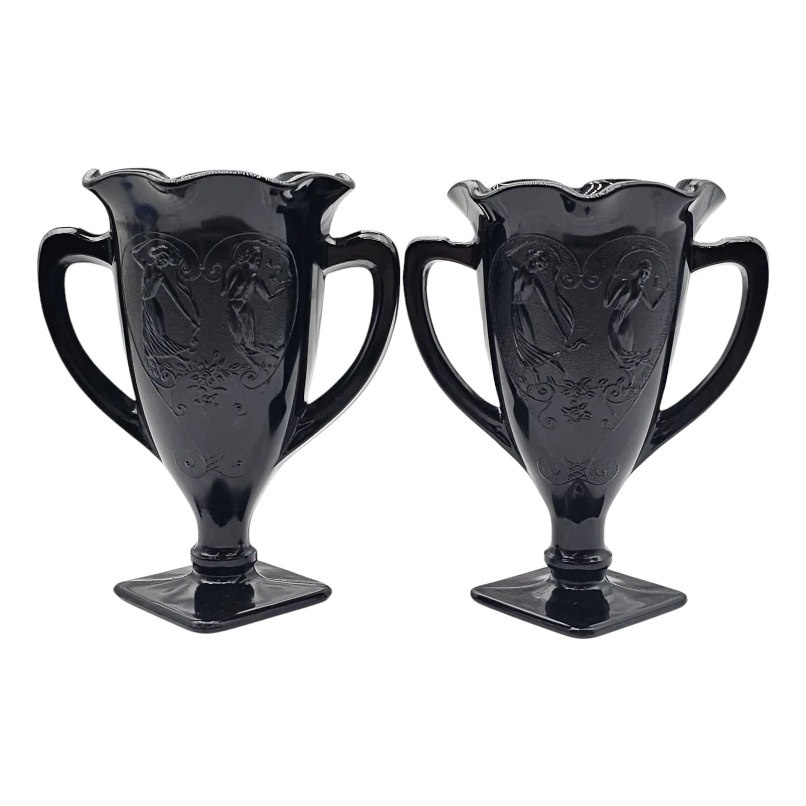 Le Smith 1930s Black Amethyst Glass Trophy Vase With Embossed Art Deco ...