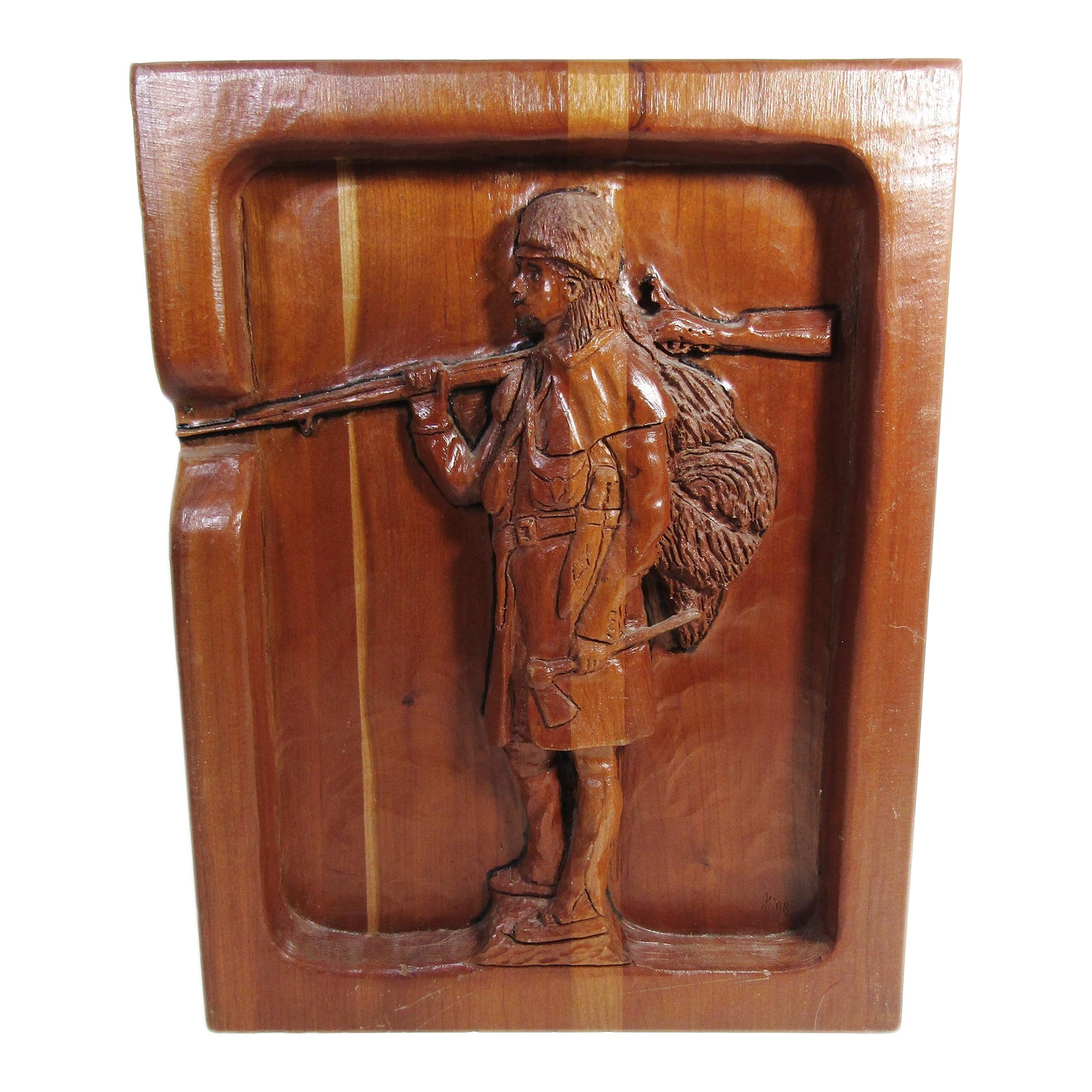 Vintage Hand-Carved Wooden Relief – Frontiersman With Rifle – Signed ...
