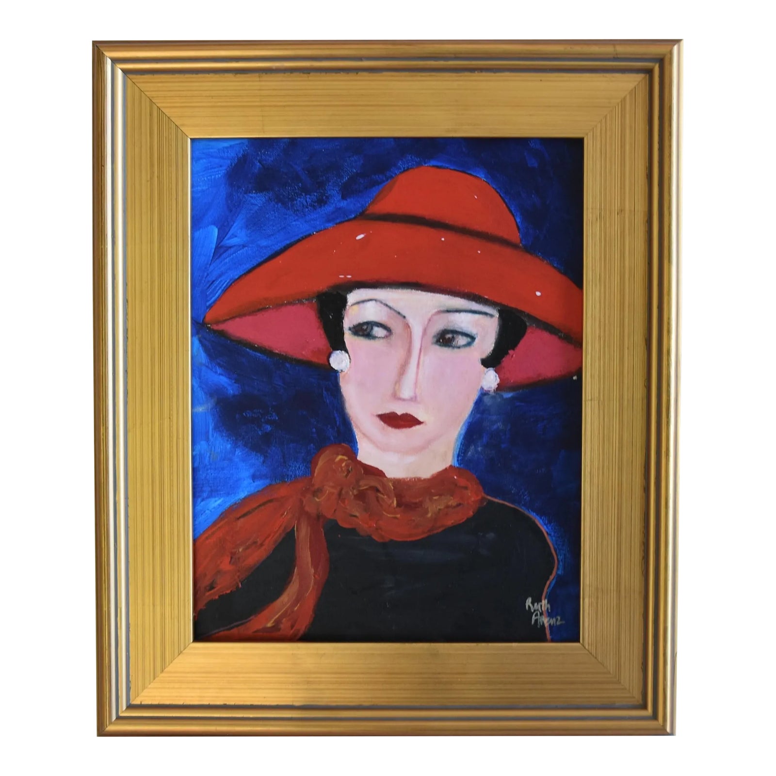 French Mademoiselle With Red Hat Portrait Oil Painting W/ Antiqued Gold ...