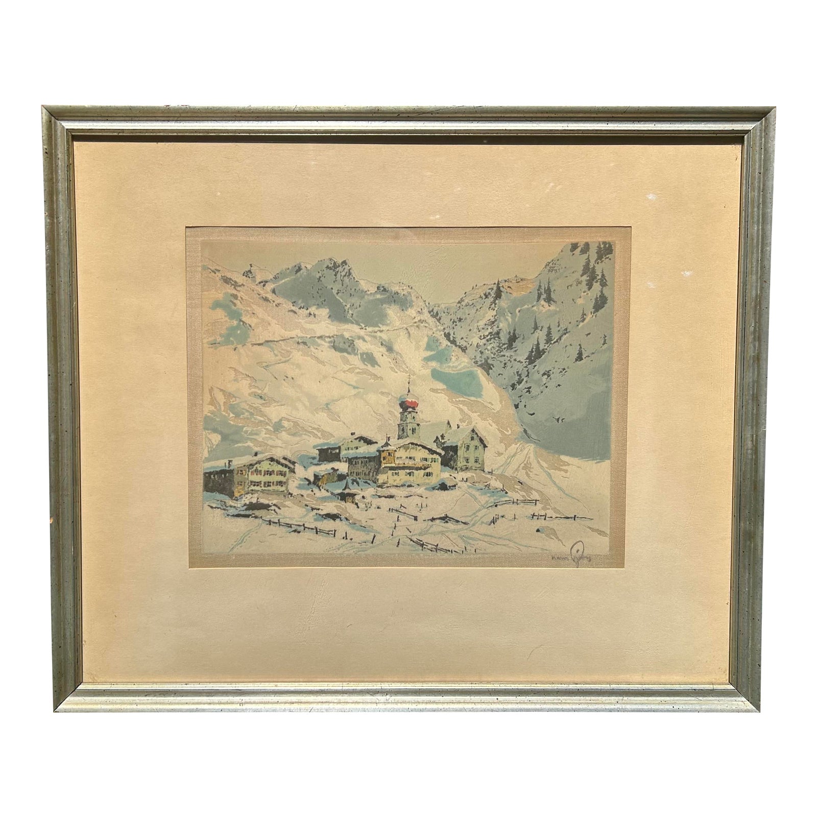 Vintage Hans Figura Aquatint Etching on Silk - Arlberg St. Anton ...