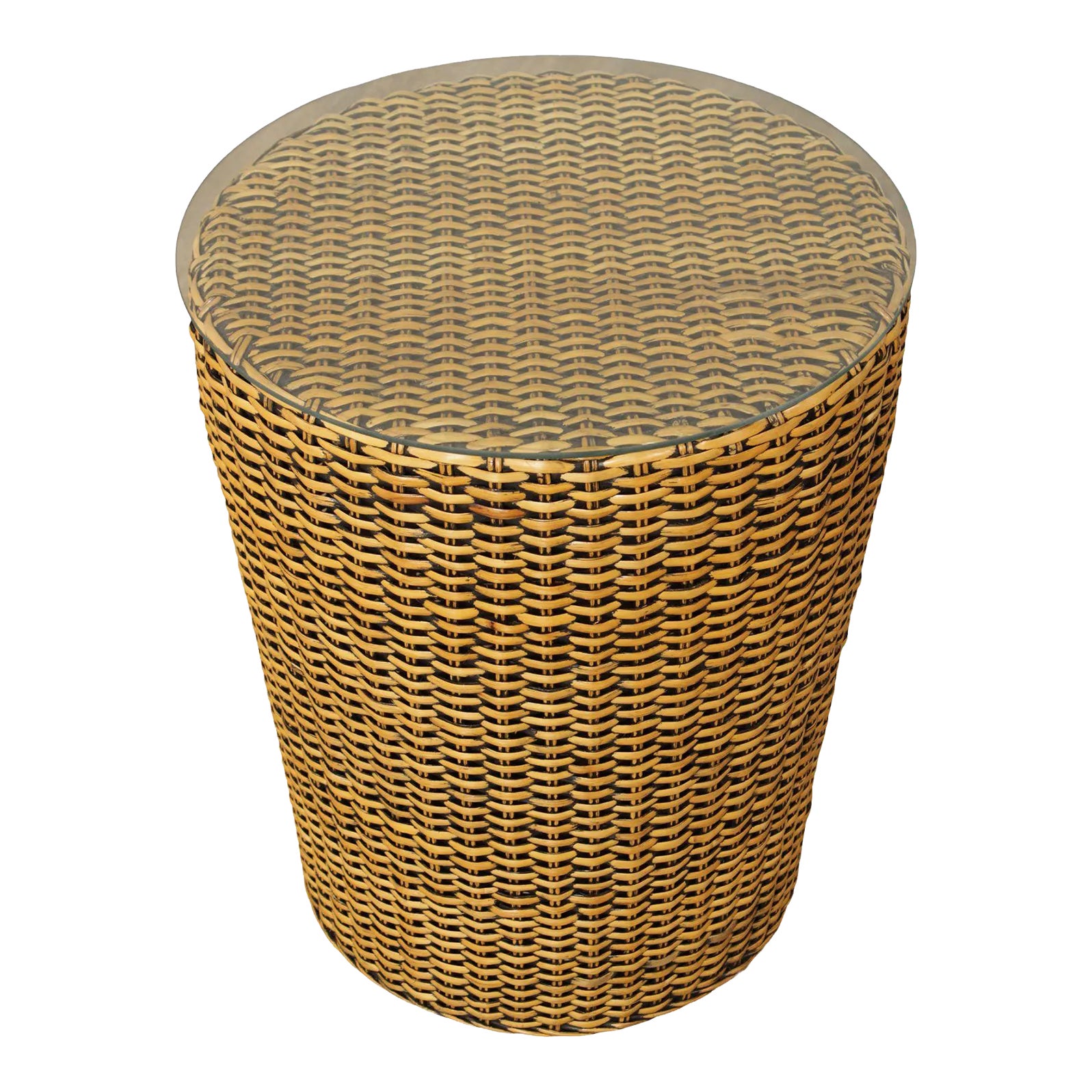 1980s Woven Wicker Rattan Glass Top Round Side Table | Chairish
