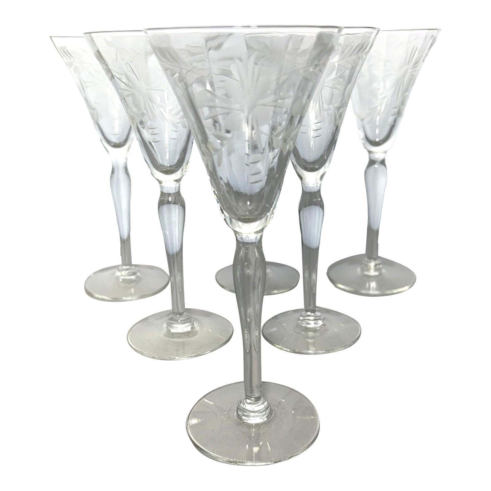 Mid-Century Blown Glass Etched Stemware- Set of 6 | Chairish