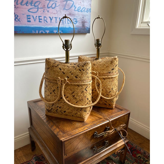Vintage Malaysian Barait Basket Bag Lamps - a Pair | Chairish