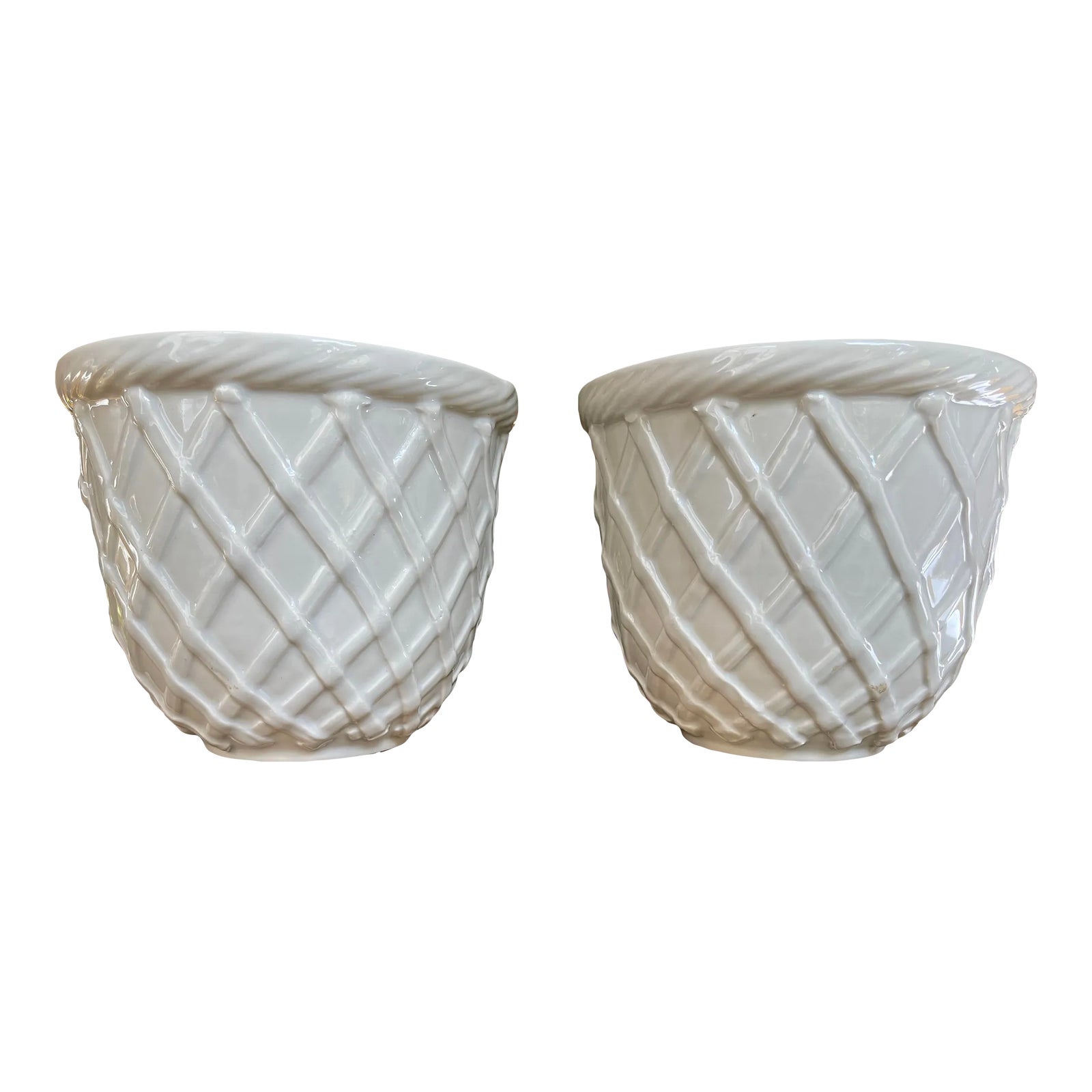 1960s Basket Weave Ceramic Pots - Set of 2 | Chairish