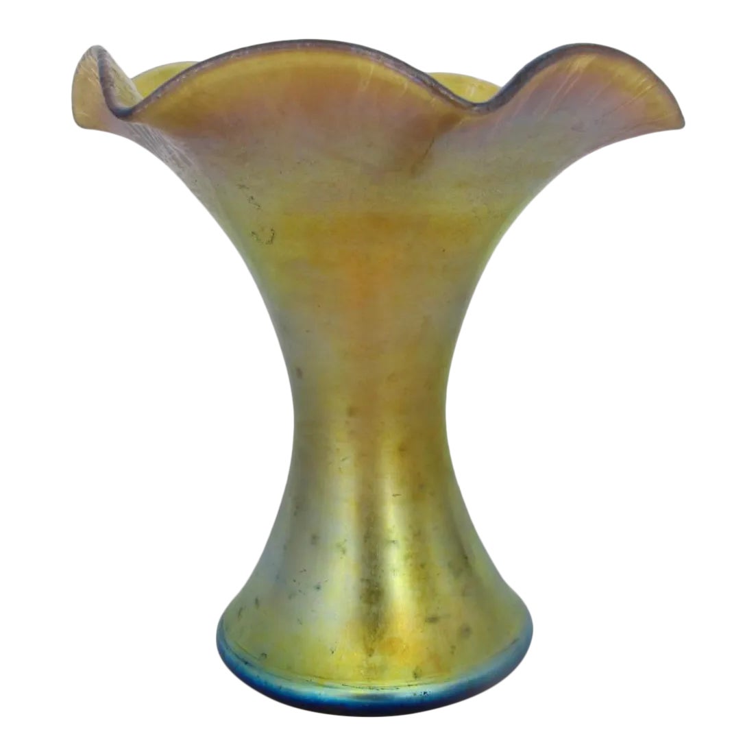Steuben Aurene 723 Gold Blue Iridescent Ruffle Art Glass Vase | Chairish