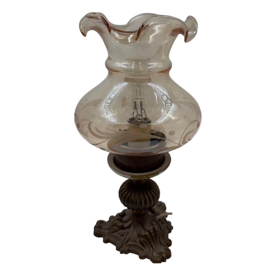 Table Lamp with Cast Brass Base and Glass Shade | Chairish