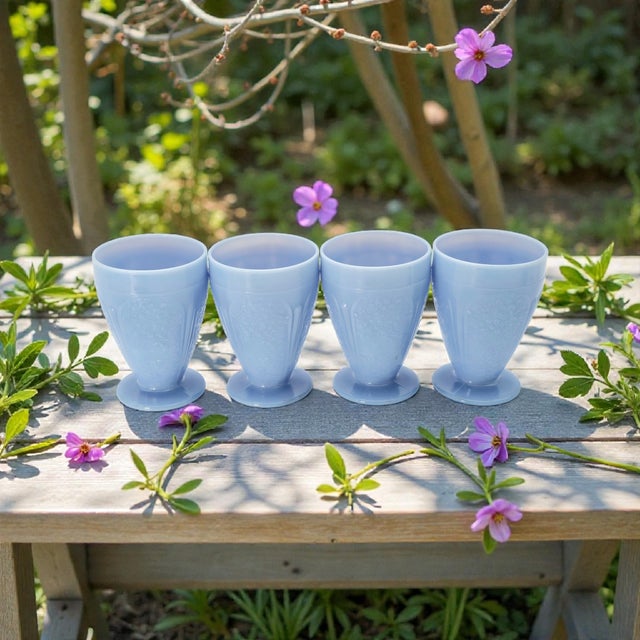 Jeanette Glass Delphite Blue Cherry Blossom Footed Juice Tumblers, Set ...