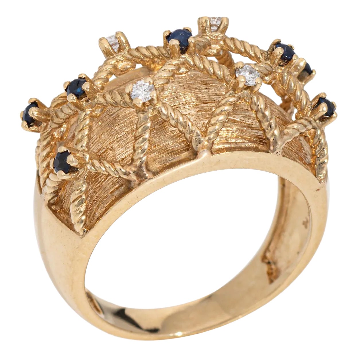 1970s Sapphire Diamond Basket Weave Ring Vintage 14k Gold Dome Band ...