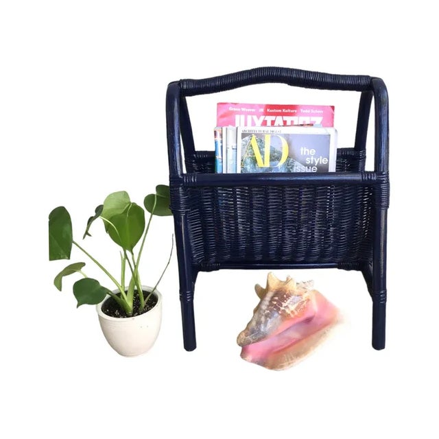 Vintage Navy Blue Rattan Magazine Rack | Chairish