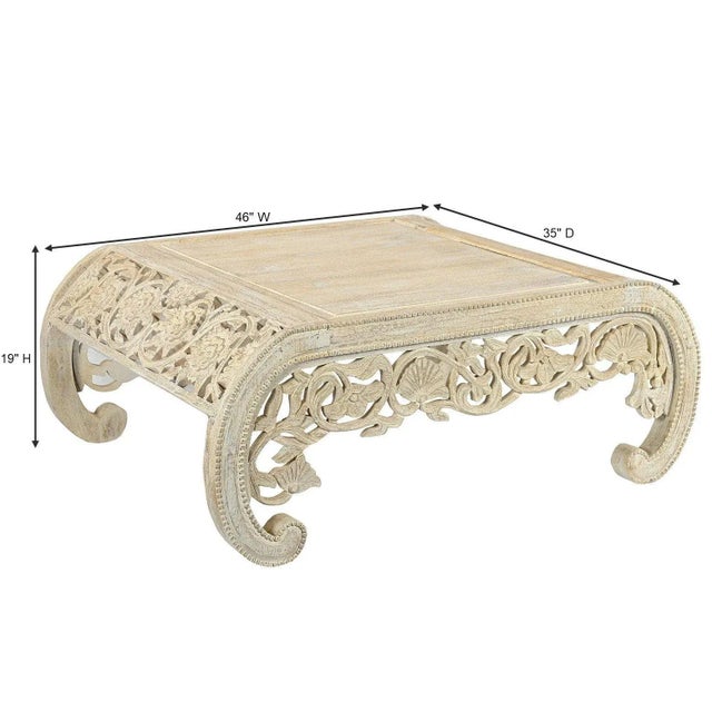 Carved Lattice Scroll Legs Coffee Table in White Washed Finish | Chairish