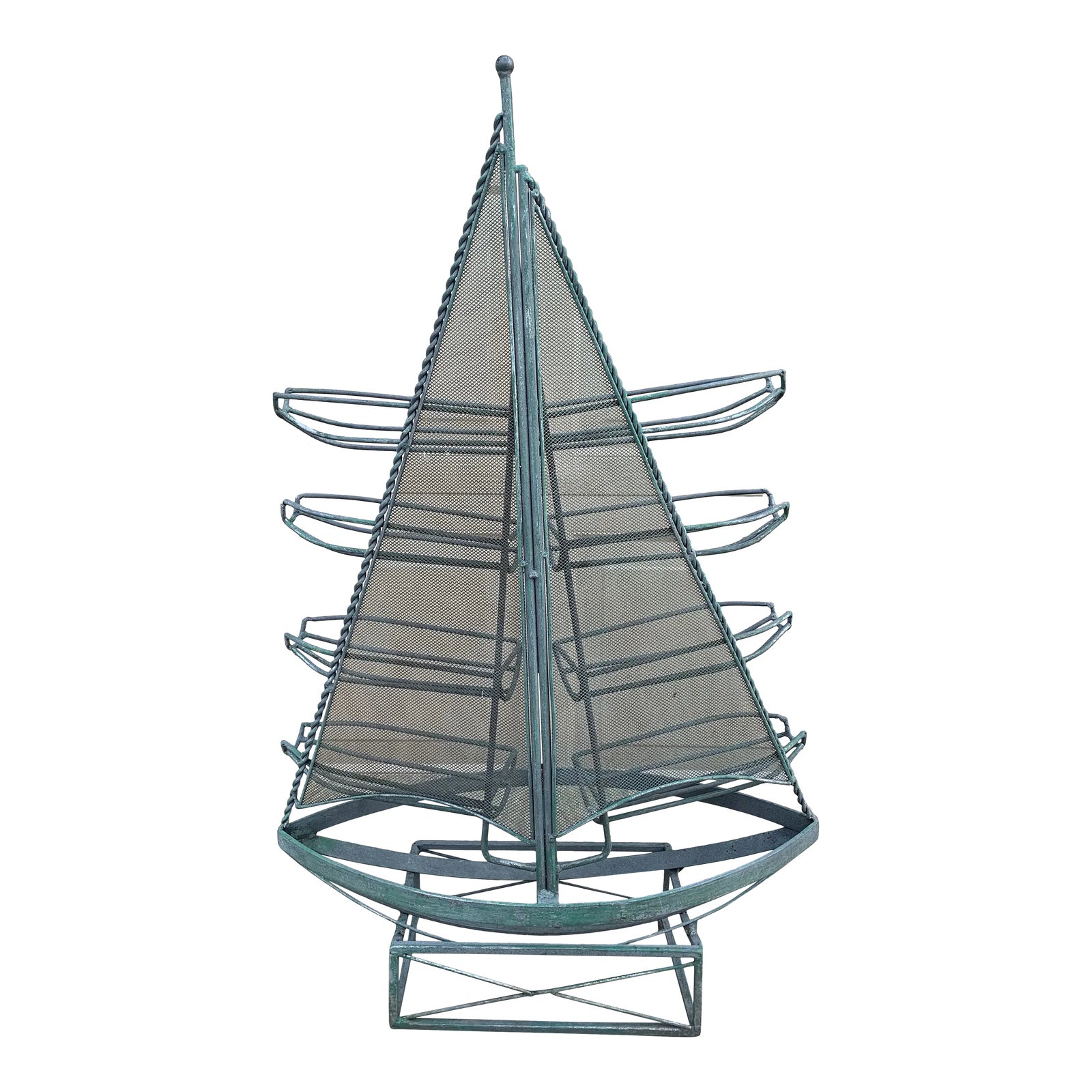 Vintage Nautical Wrought Iron Green Sail Boat Wine Rack | Chairish