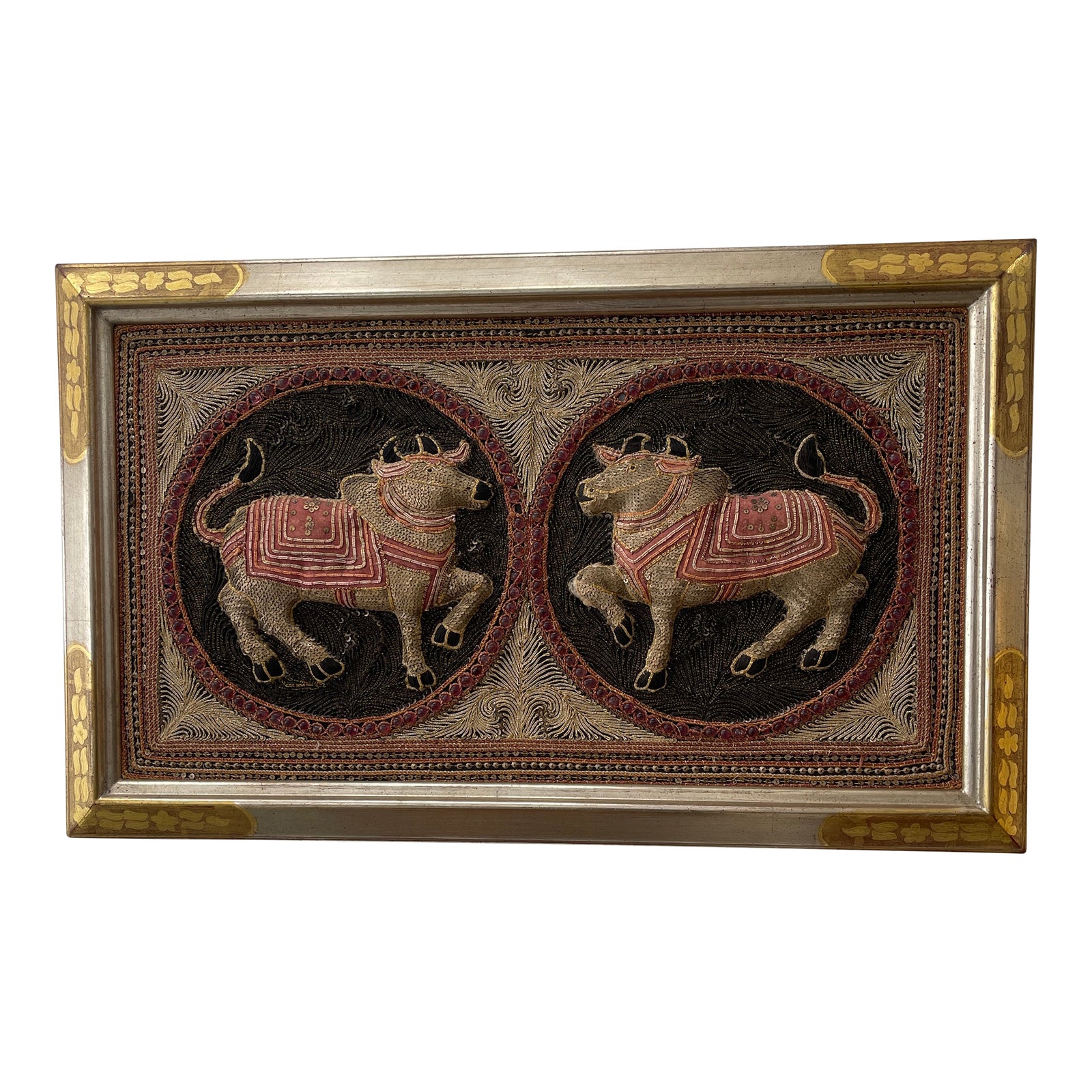 Vintage Frame Burmese Embroidery With Sequins & Glass Balls | Chairish