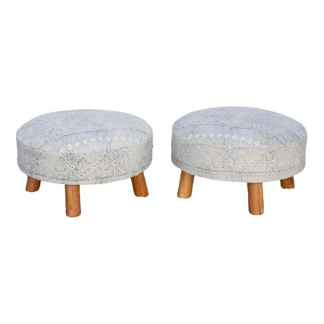 Pair of Tribal Dhurrie Blue & White Ottoman Stool | Chairish