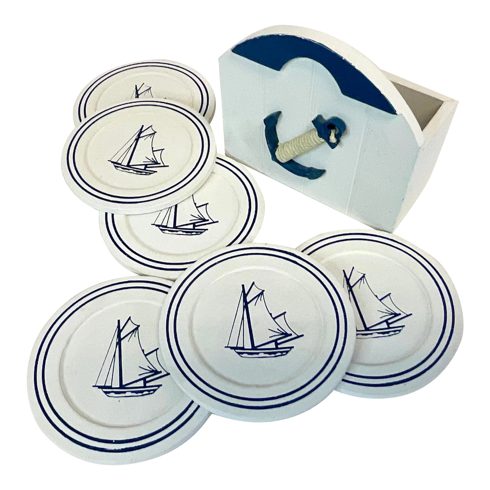 1990s Coastal Chic Wooden Sailboat Coasters With Anchor Motif Caddy Set ...