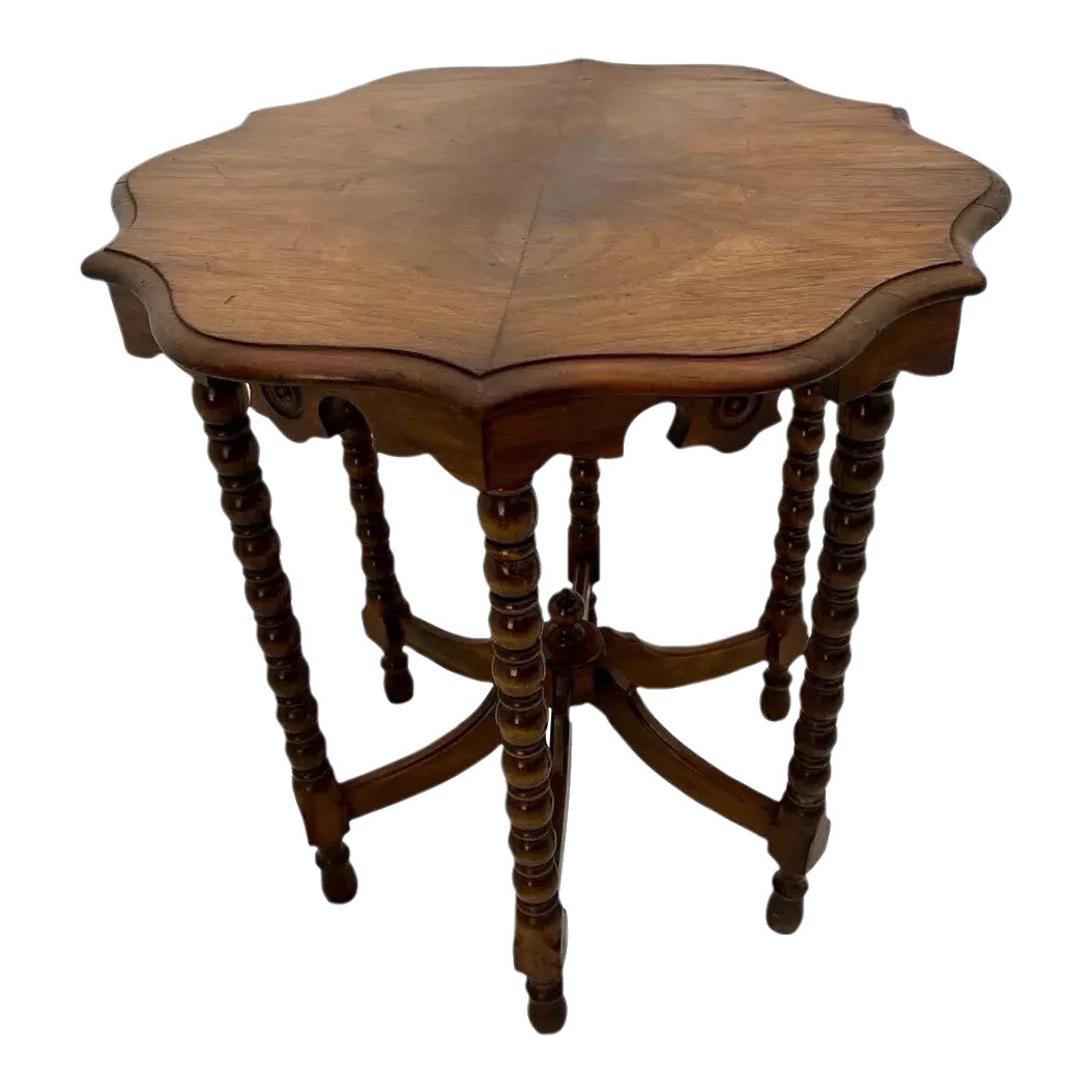 1900s Victorian Parlor Table Six Legs Burled Walnut Scalloped Top Hand ...
