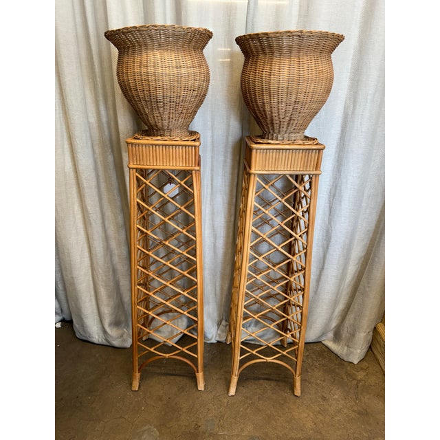 Bamboo & Rattan Plant Stand, a Pair | Chairish