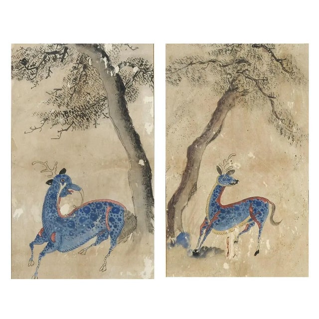 Pair of Large Early Chinese Paintings of Chi-Lin (Framed) | Chairish