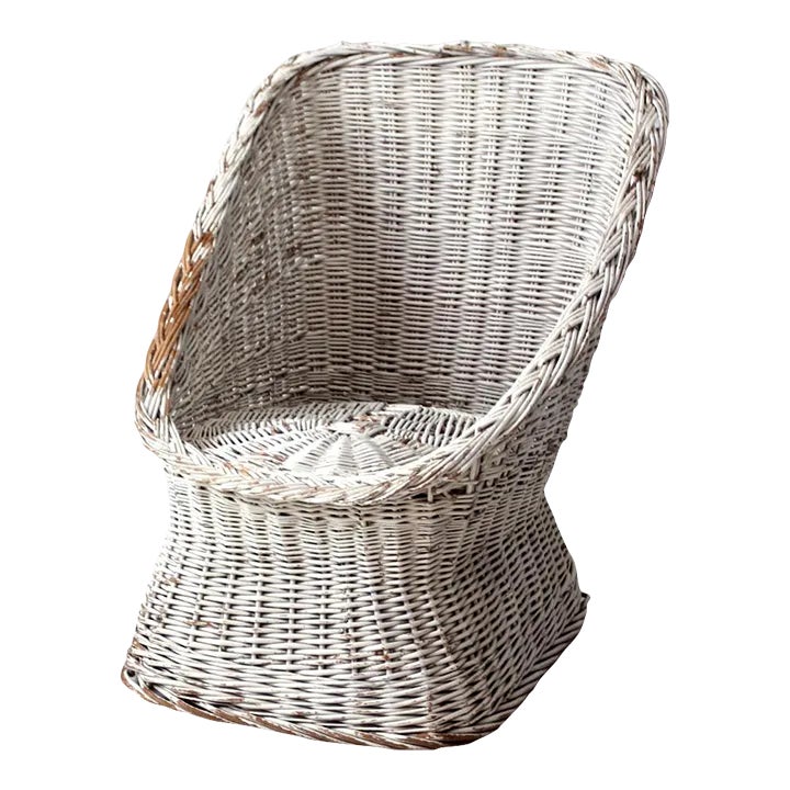 Vintage White Wicker Bucket Chair | Chairish