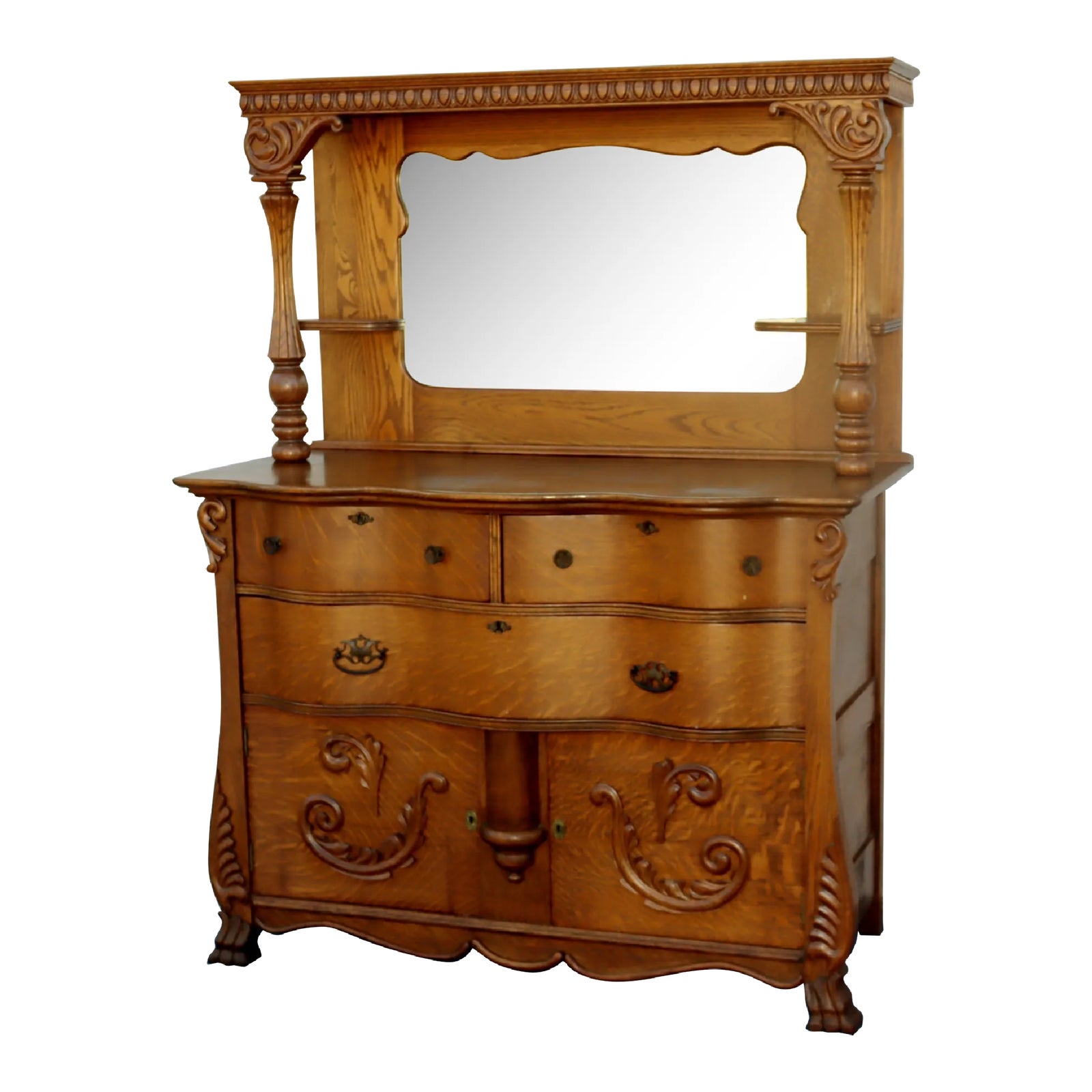 1930s Antique Solid Tiger Oak 2 Piece Server Buffet with a Mirror ...