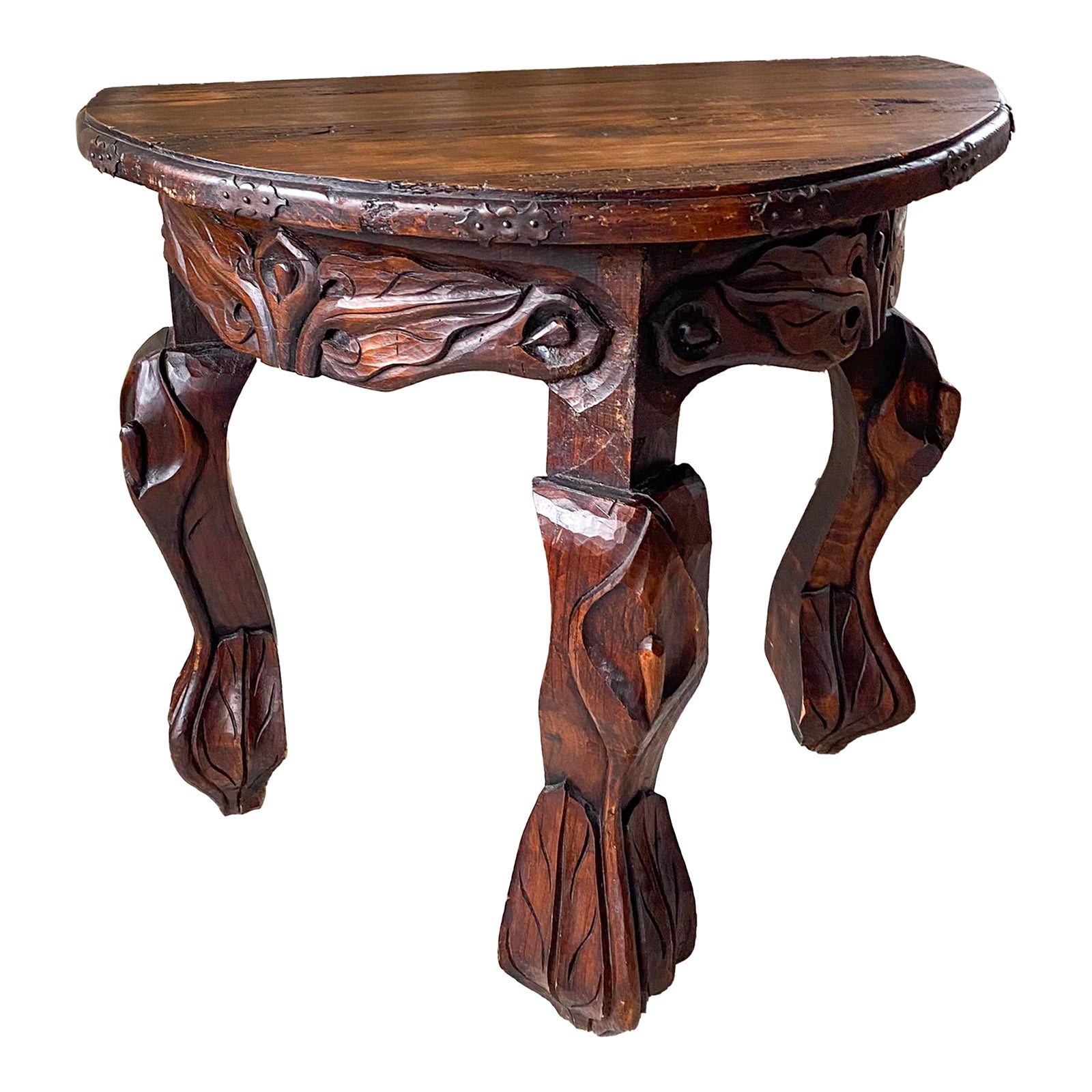 Carved Calla Lily Demilune Accent Table | Chairish