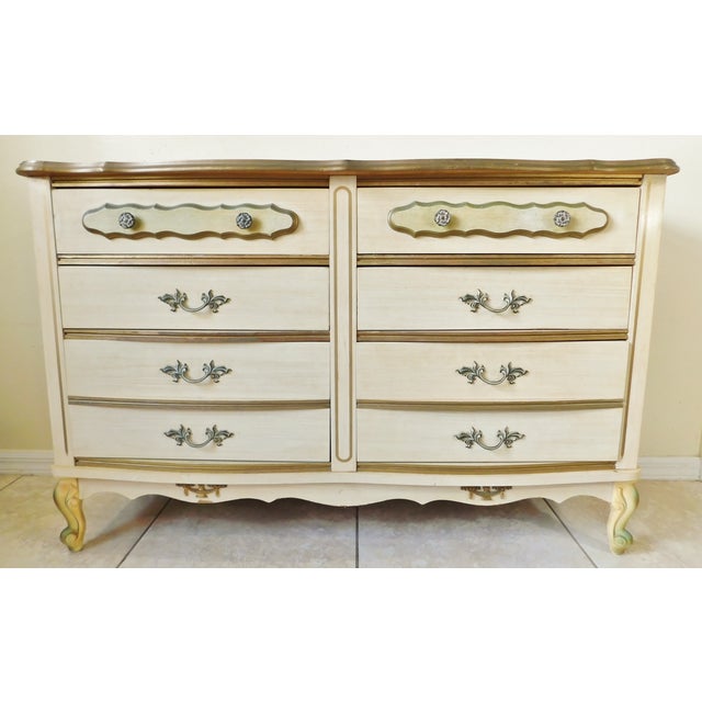 Vintage Mid Century French Provincial Ivory & Gold Wood Six Drawer ...