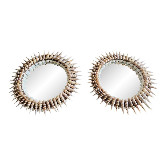 Pair of Custom Boho Coastal Sea Shell Sunburst Mirrors | Chairish