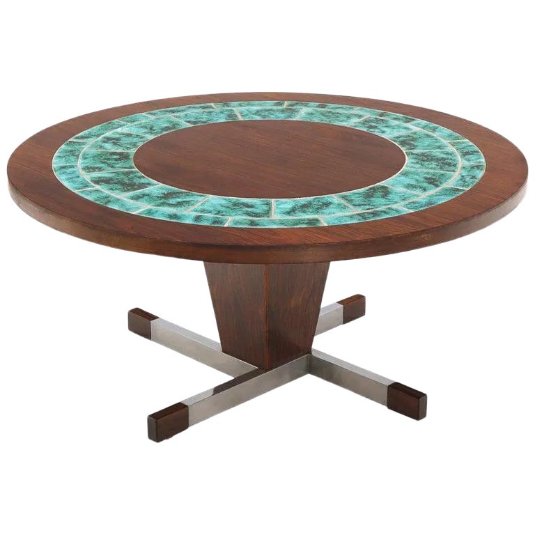 Art Tile Top Rosewood Cone Shape Base Round Coffee Table | Chairish