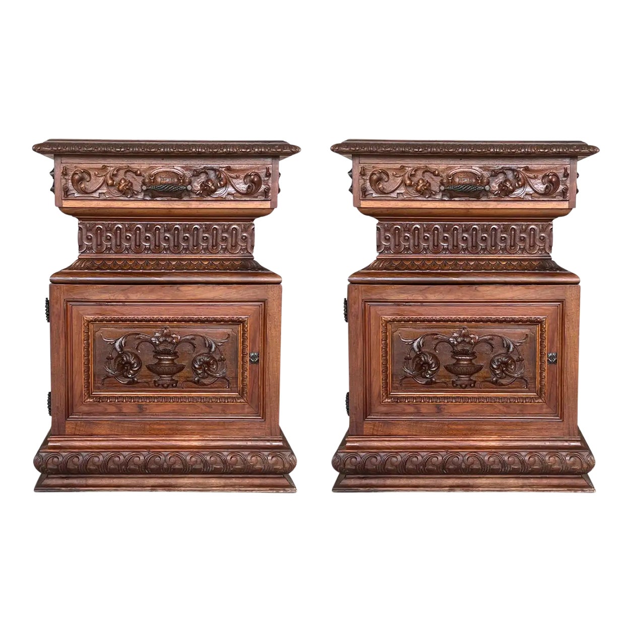 Italian Hand Carved Walnut Monumental Nightstands 19th Century With ...