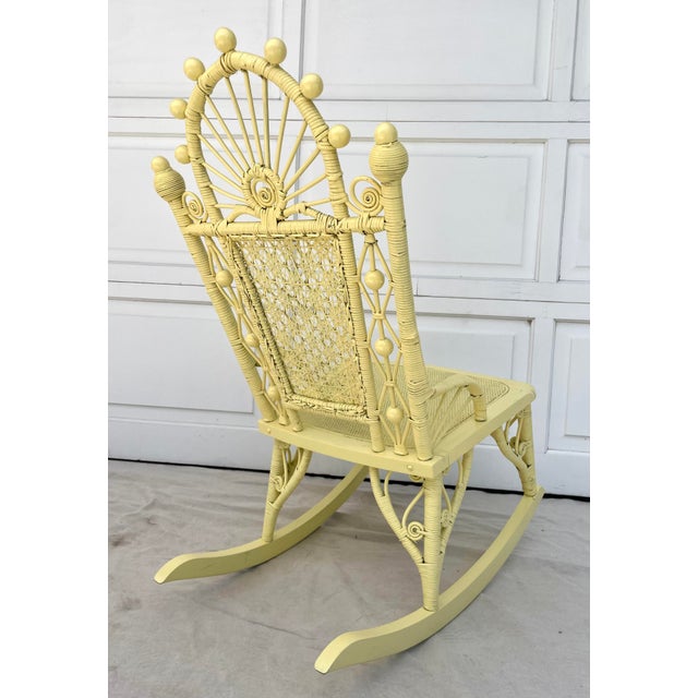 Early 20th C. Meringue Yellow Wicker Rattan Rocker | Chairish
