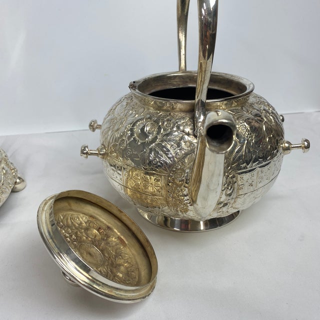 Antique Adelphi Silver Plate Repousse Tea Kettle on Stand | Chairish