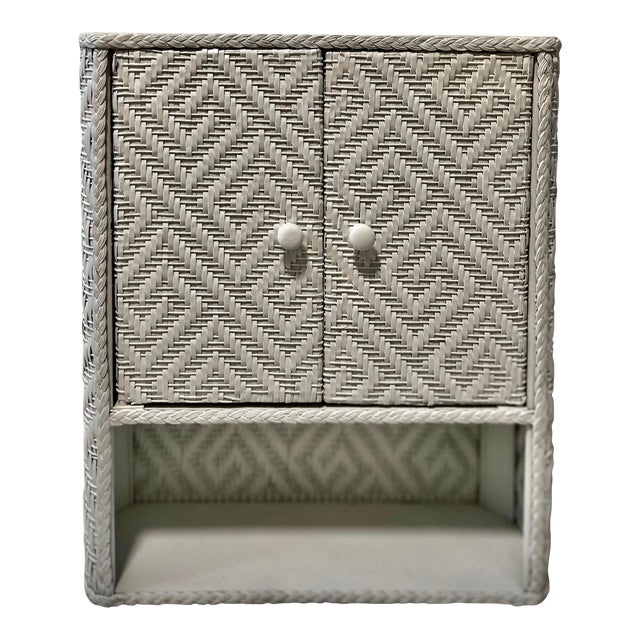 Coastal White Wicker Greek Key Pattern 3-Tiered Bathroom Shelf | Chairish