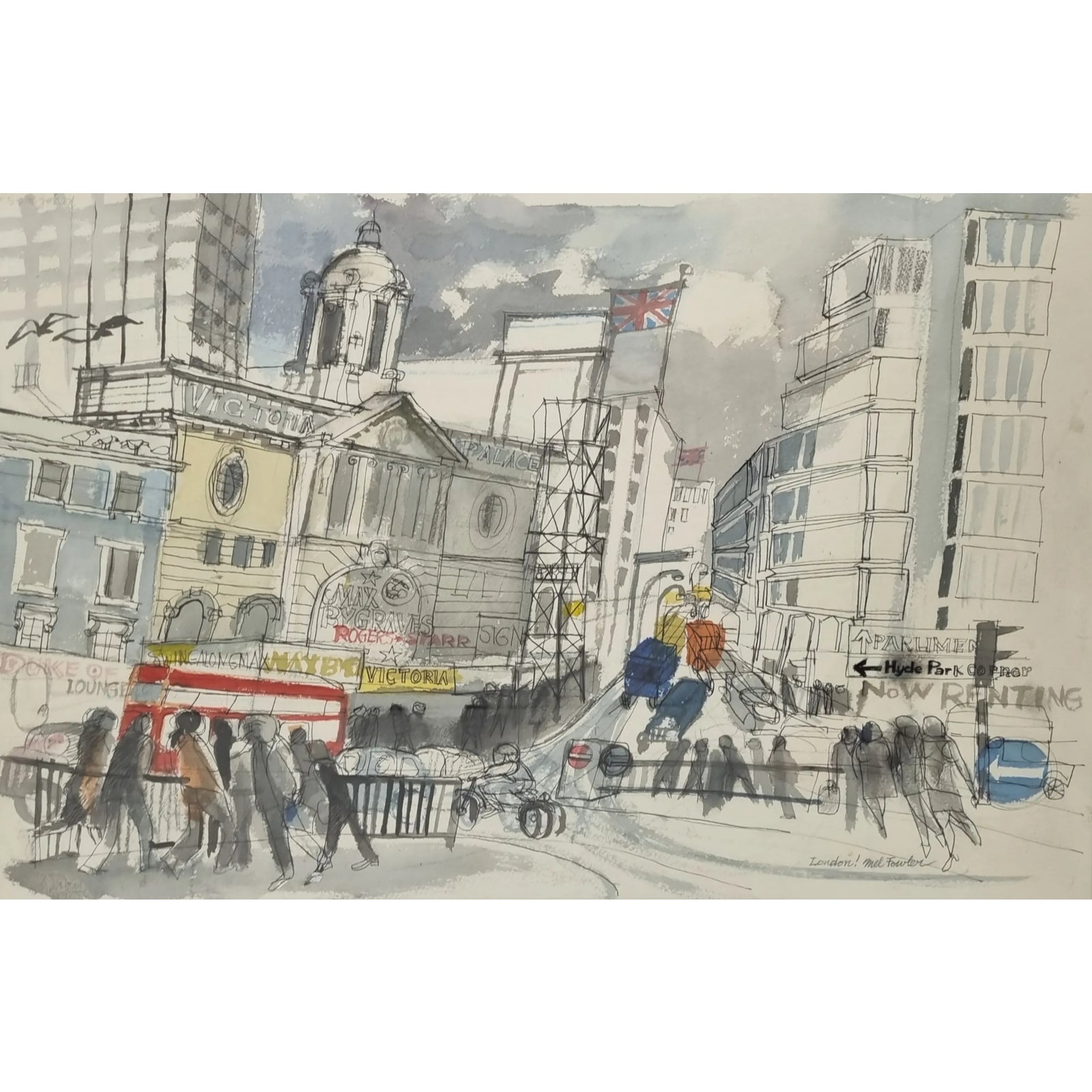 Mel Fowler, London Street Scene Painting, 20th-Century, Watercolor ...