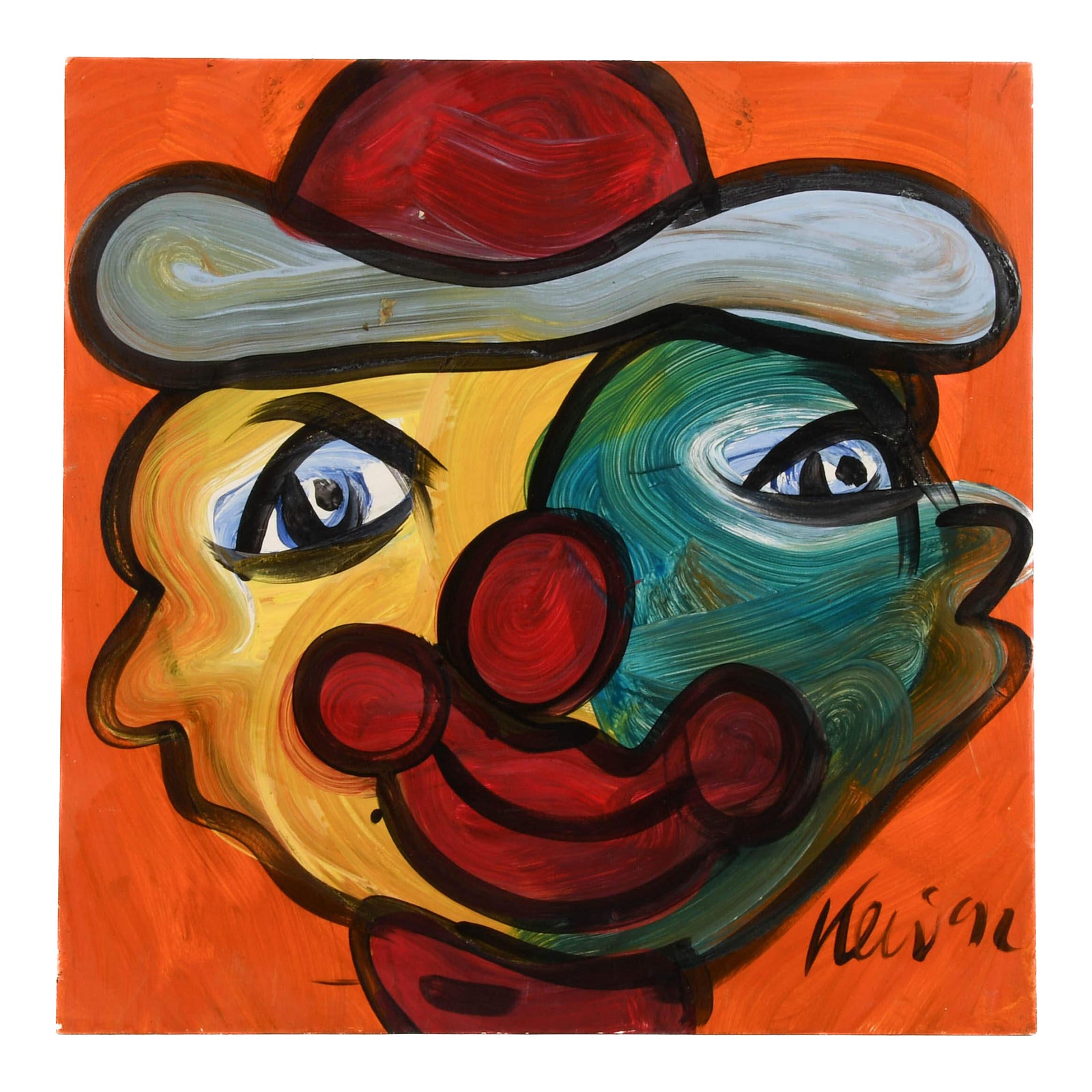 Signed Peter Keil "Clown in Contrast 1991" Oil on Masonite | Chairish