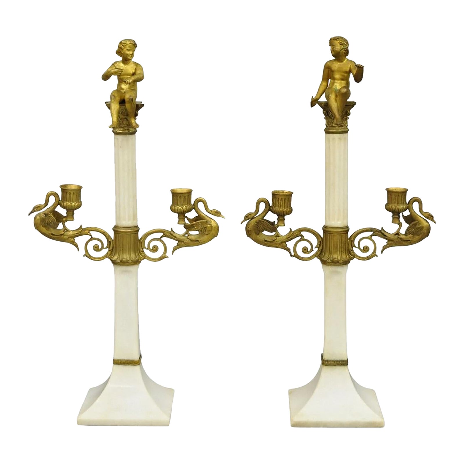 Antique French Neoclassical Bronze Swans Cherub Marble Column ...