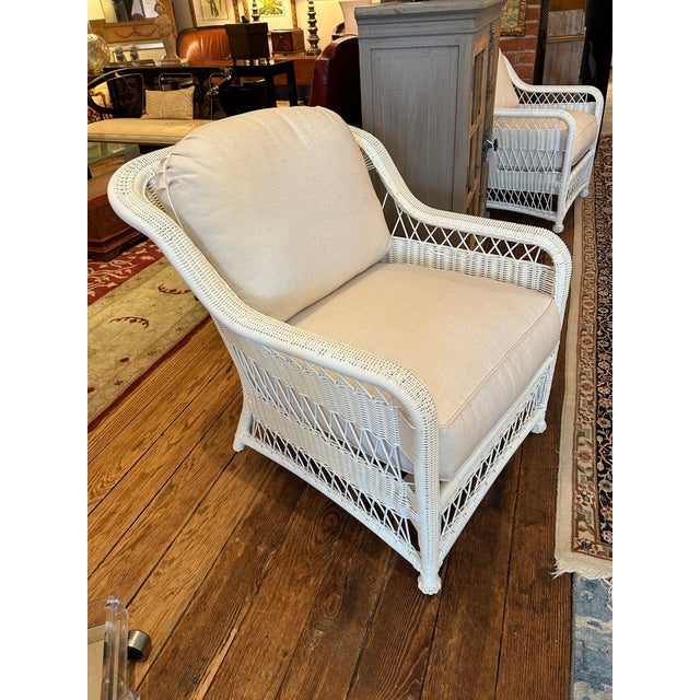 White Wicker Club Chair With Custom Upholstered Cushions | Chairish