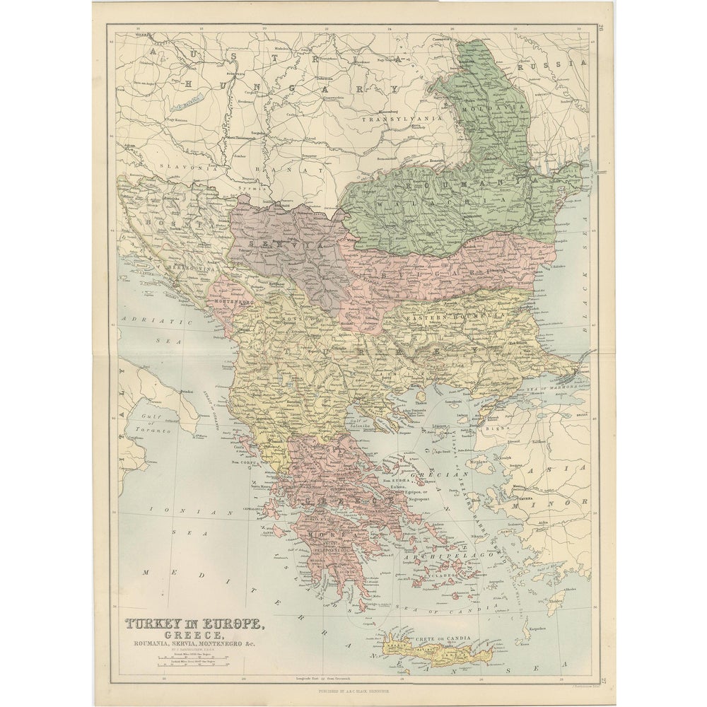 Antique Map of Turkey in Europe,1884 | Chairish