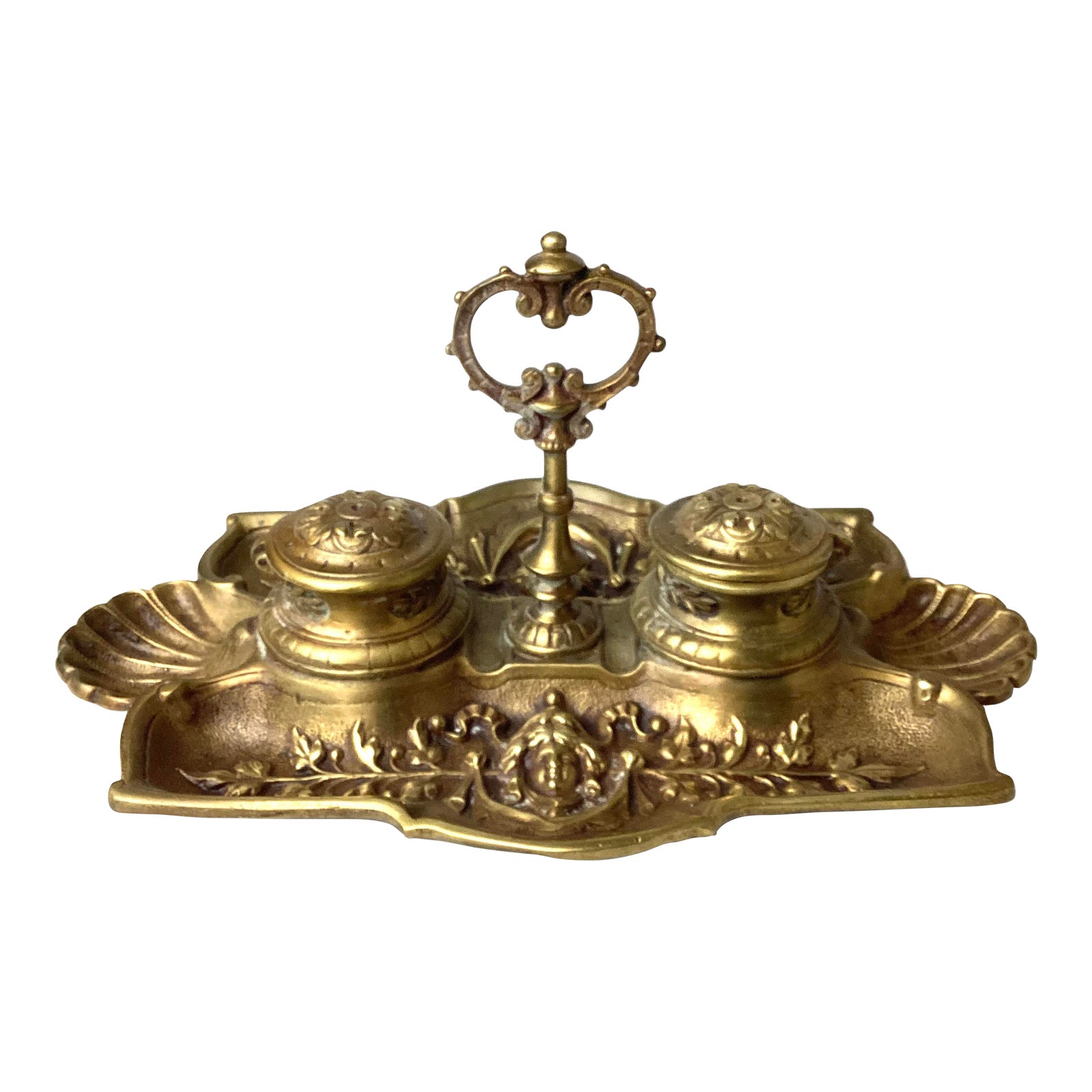 Antique Late 19th Century Victorian Brass Double Inkwell With Pen ...
