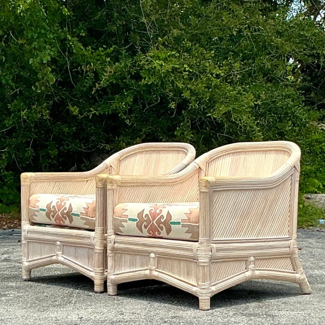 Vintage Coastal Washed Pencil Reed Lounge Chairs - a Pair | Chairish