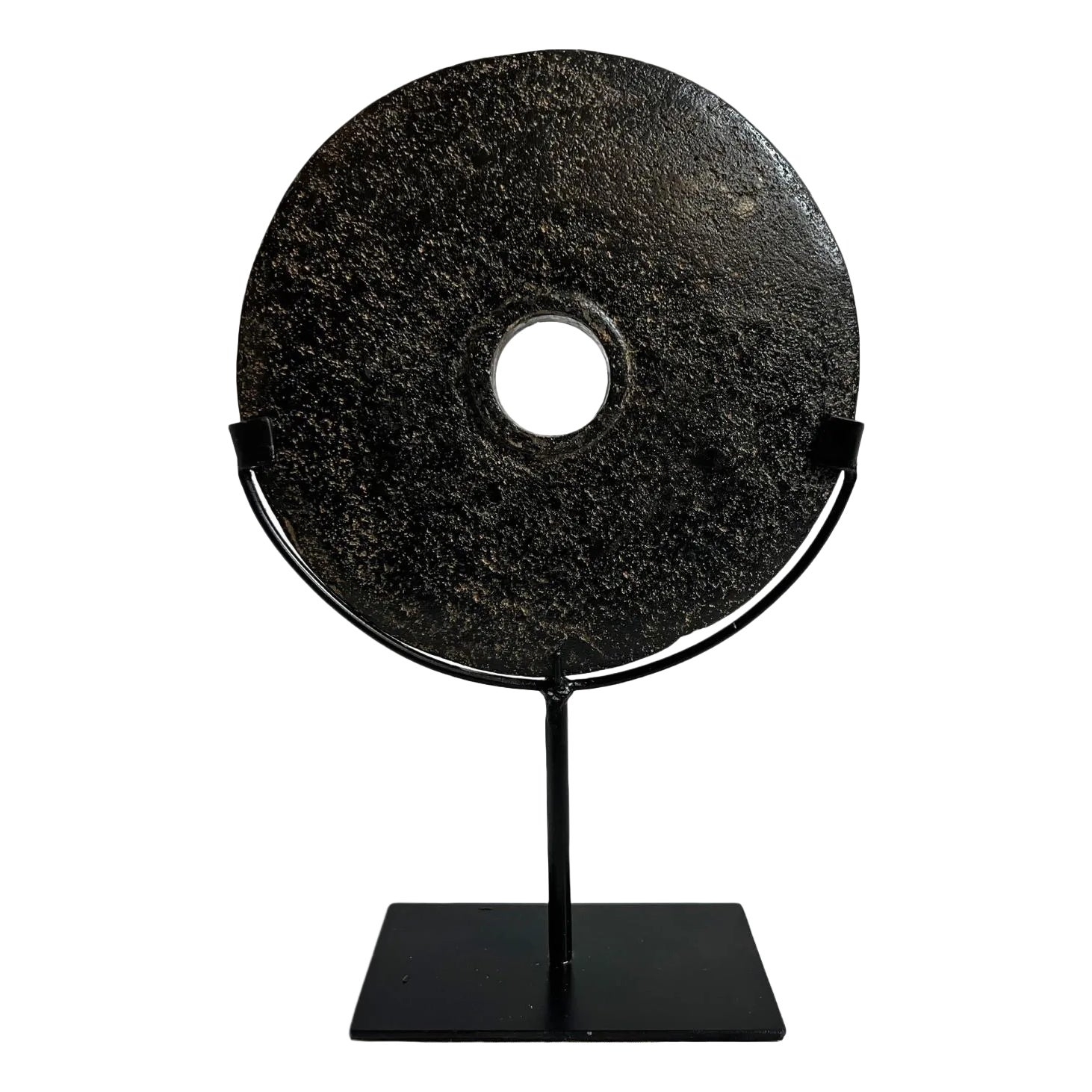 Black Stone Disk Wheel on Stand | Chairish