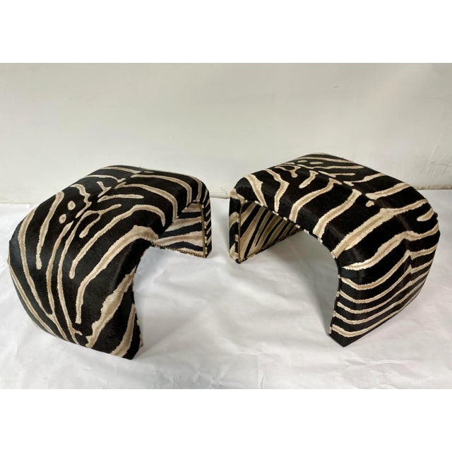 Waterfall Ottomans Stools in Zebra Stenciled Cowhide, a Pair | Chairish