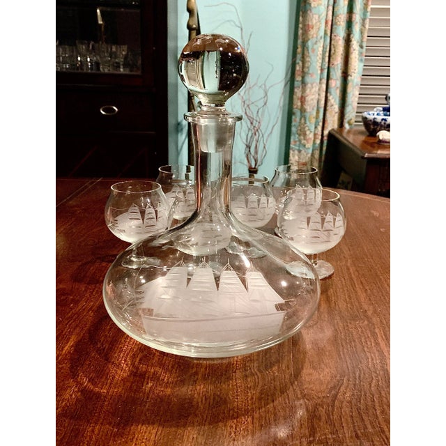 Vintage Etched Nautical Decanter and Glasses | Chairish