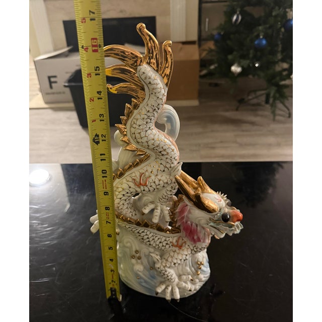 Vintage Chinese Porcelain Dragon Figurine White Gold 17in Tall | Chairish