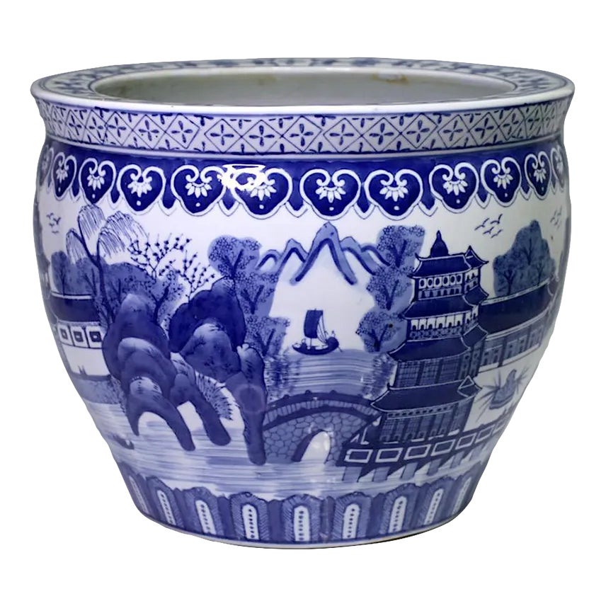 Large Vintage Chinese Porcelain Planter With Hand Painted Blue & White ...