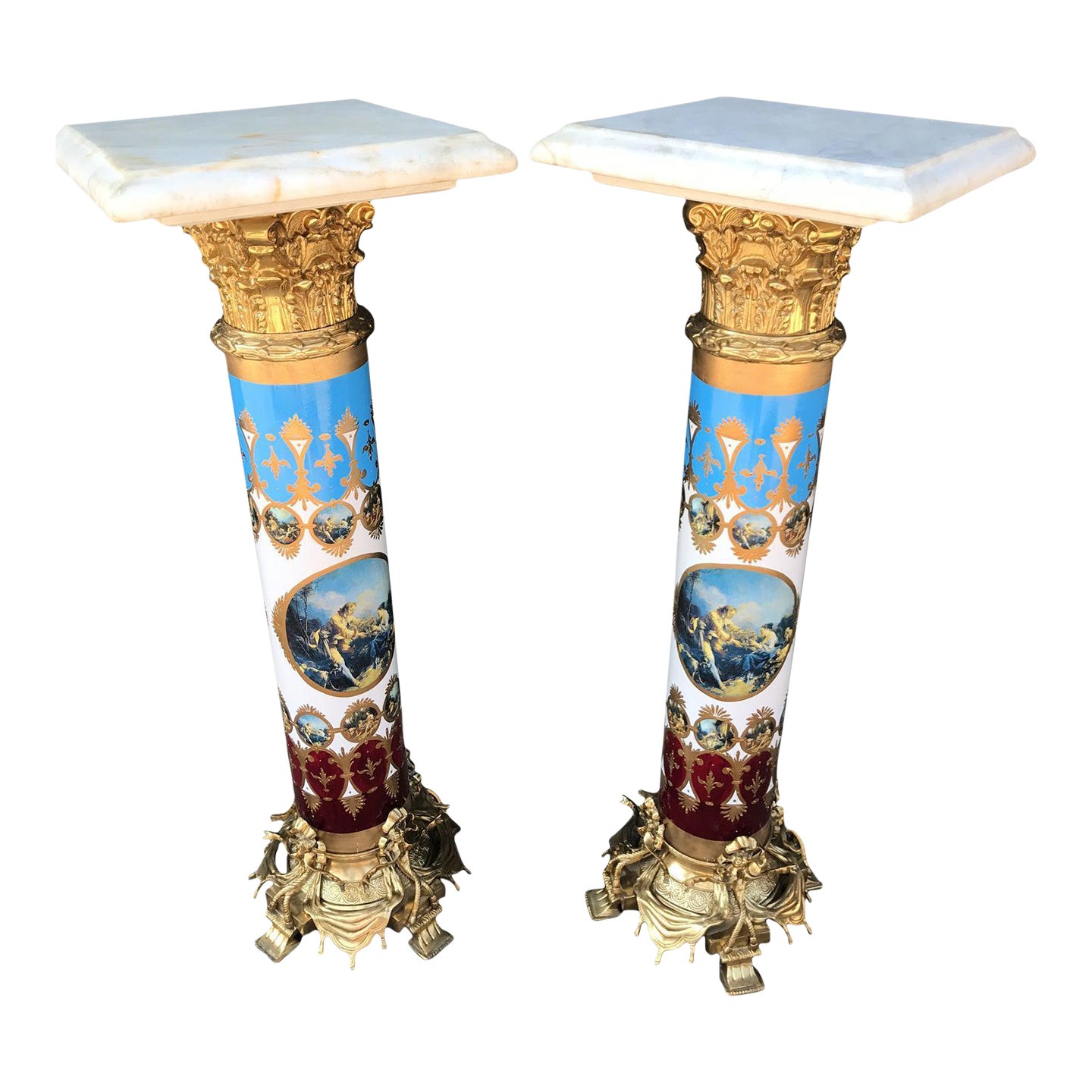 1990's French Louis XVI Style Pedestal Columns With Marble Top - a Pair ...