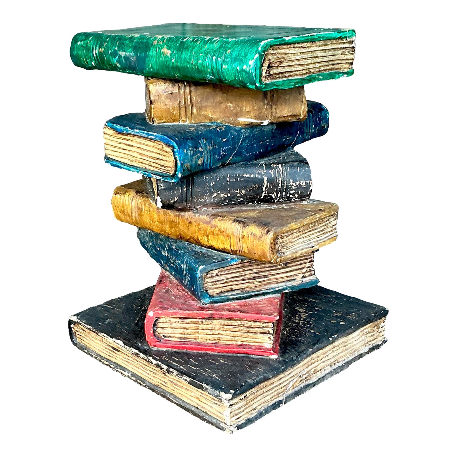 Vintage Boho Polychrome Plaster Stacked Books Side Table | Chairish