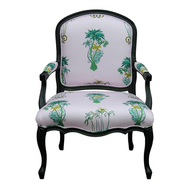 Custom Green Dyed French Armchair with Tropical Palm Tree Upholstery ...
