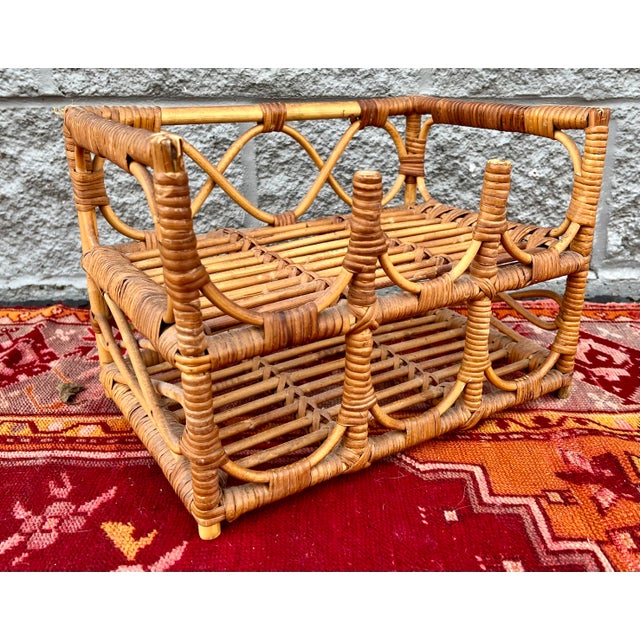 Vintage Natural Woven Bamboo Rattan 6 Bottle Wine Rack | Chairish